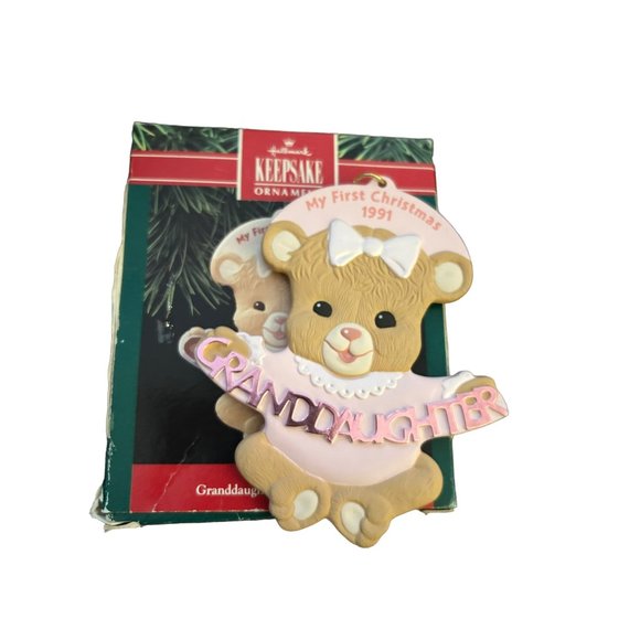 Hallmark | Holiday | Vintage Hallmark Ornament Teddy Bear Granddaughter First Christmas Pink 991 ...